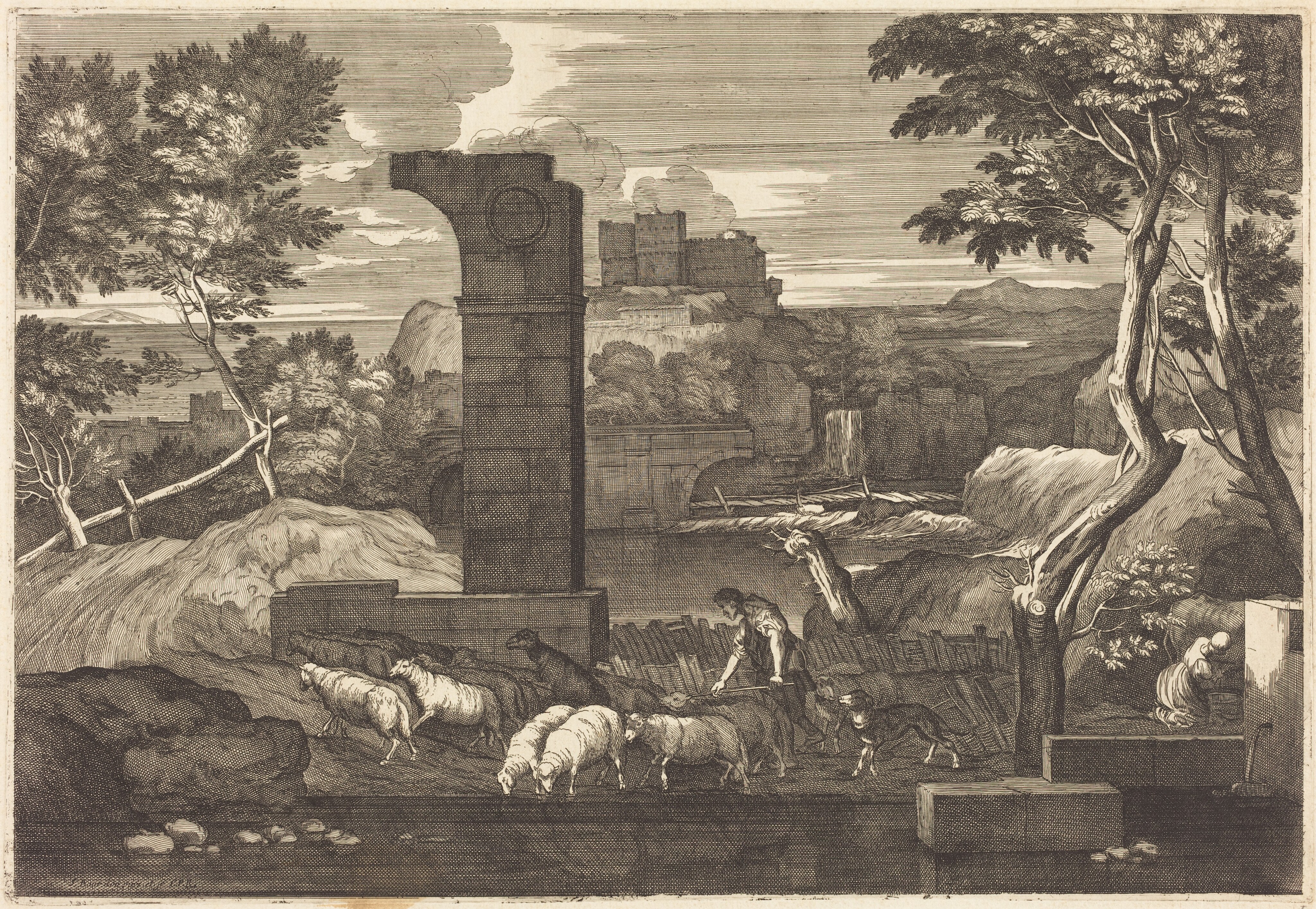 Landscape with Peasant and his Herd by Sébastien Bourdon